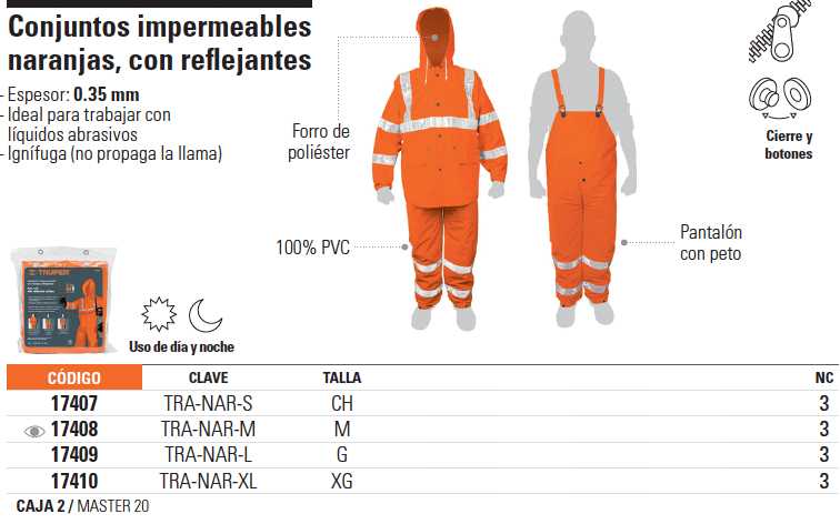 Conjunto impermeable c/reflejante, naranja, talla G, PVC Clave-TRA-NAR ...