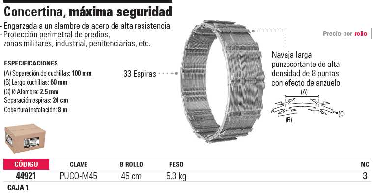 Púa concertina, máxima seguridad, 45 cm diámetro Clave-PUCO-M45 – HEMUSA