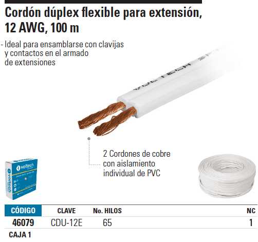 Cordón duplex, 12 AWG para extensiones Clave-CDU-12E – HEMUSA