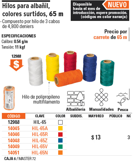 Hilo para albañil, 65 m, amarillo Clave-HIL-65A – HEMUSA